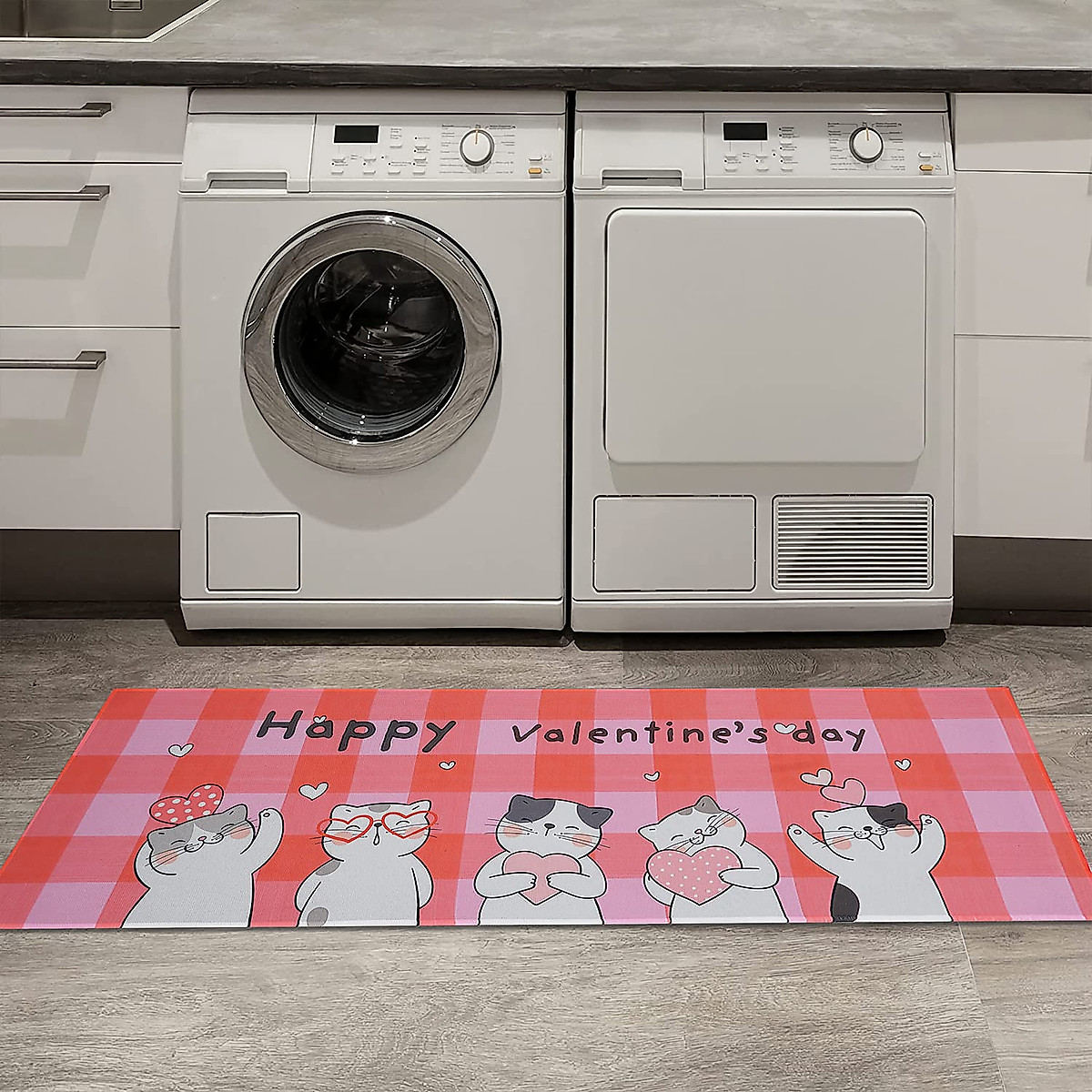 Invuni Multifunctional Long Strip Cat Love Rugs Valentine's Day Non-Slip Backed Mat Cat Love Doormat, Pink Kitchen Mats Set of 2 (17" X 47"+17" X 30")