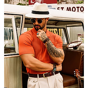 GRACE KARIN Mens Vintage Button Down Polo Shirts Lapel Collar Italian Pullover Knitwear Tops Orange XL