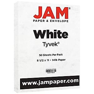 JAM PAPER Tyvek 14lb Tear-Proof Paper (55 gsm) - Pack of 50 Sheets - 8.5 x 11 - Waterproof White Paper