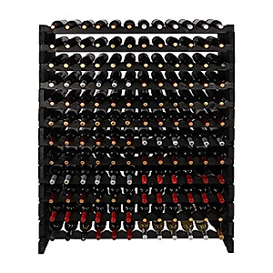 DisplayGifts Stackable Modular Wine Pine Wood Rack Stackable Storage Stand Display Shelves Wobble-Free 12 Rows 144 Bottle Capacity Black
