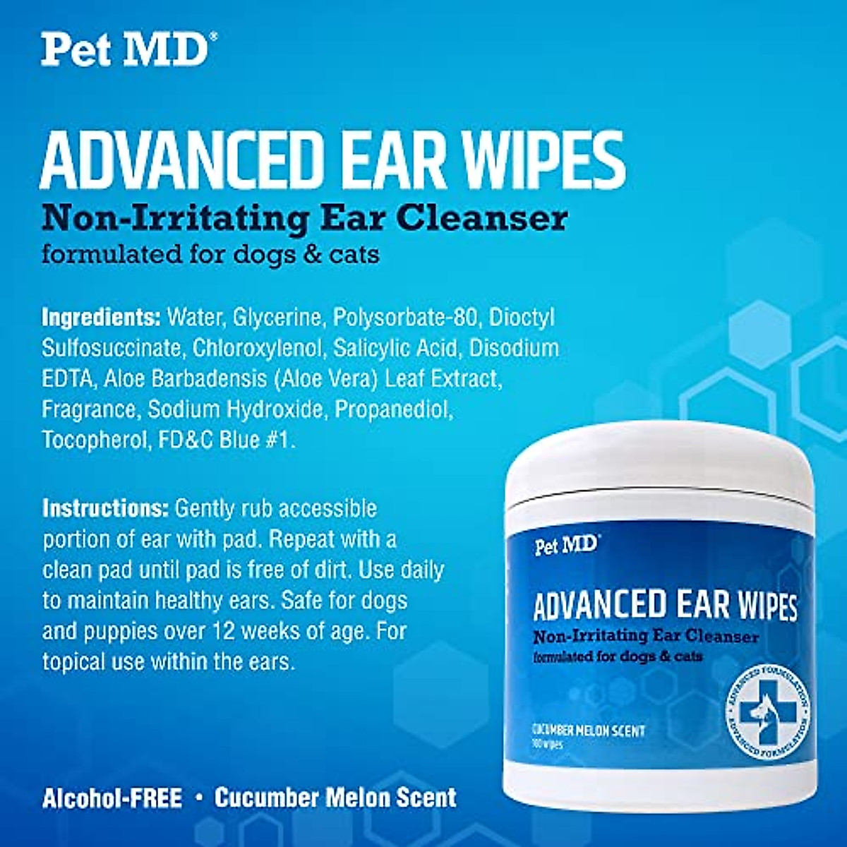 Pet MD Cat and Dog Ear Cleaner Wipes - Advanced Otic Veterinary Ear Cleaner Formula - Dog Ear Infection Treatment Helps Alleviate Ear Infections - 100 Alcohol Free Ear Wipes with Soothing Aloe Vera
