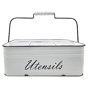 AWAHITAWA Utensil Caddy White Rustic Galvanized Metal Caddy, Farmhouse Kitchen Organizer with Comfortable Wooden Handle Storage For Flatware,Condiments,Party Cutlery, Picnic-White