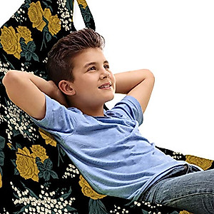 Lunarable Floral Lounger Chair Bag, Realistic Hand Drawn Rose Flowers Bouquet Vintage Illustration, High Capacity Storage with Handle Container, Lounger Size, Dark Yellow Grey Teal