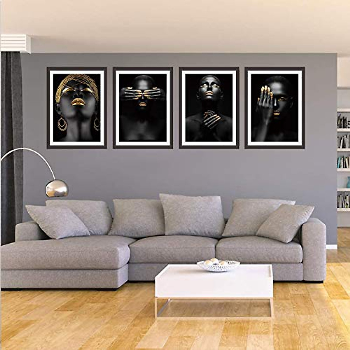 Ryyllh Minimalist Art Painting African American Wall Art Set of 4 Black Woman Fashion Gold Earrings Necklace For Girl Room Home Decor No Frame 8x10 inches 8 x 10 Inch