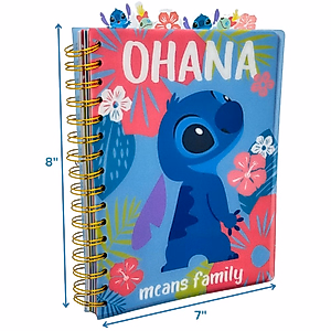 Innovative Designs Disney Stitch Tab Journal Notebook Ohana Spiral Bound, 144 Lined Pages, 8 x 7 inches, Blue