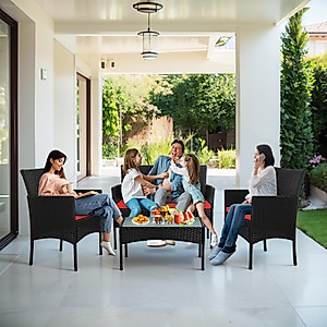 PROHIKER 4 Piece Outdoor Wicker Patio Conversation Furniture Set, Rattan Chair Wicker Sofa Garden Conversation Sets with Cushion and Glass Table for Yard Pool or Backyard, Black/Red