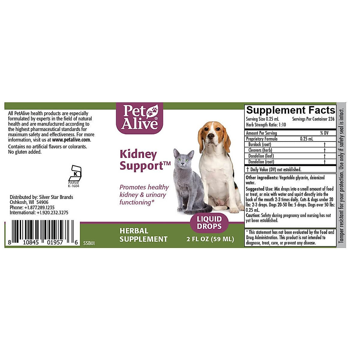 PetAlive Kidney Support - All Natural Herbal Supplement Promotes Healthy Kidney and Urinary Functioning in Cats and Dogs - 59 mL