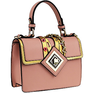 B BRENTANO Vegan Medium Crossbody Top Handle Purse with Metallic Trim (Blush Pink)