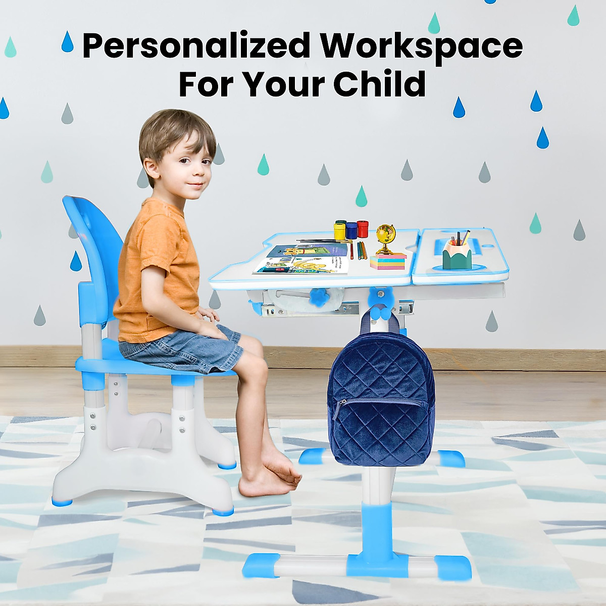 Gorilla Gadgets Kids Table and Chair Set, Height Adjustable Children's Study Desk - for Baby Bedroom, Game Rooms, Night Light Included (DSK-Kids-BLU)