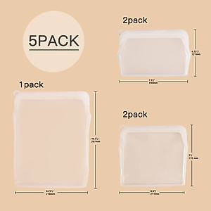 puretor Reusable Silicone Food Storage Bags, 5 Pack BPA Free, Dishwasher Safe Silicone Bags, Reusable Baggies Perfect for Kids Snack Sandwich Storage,Leakproof Standup Bags For Food & Travel