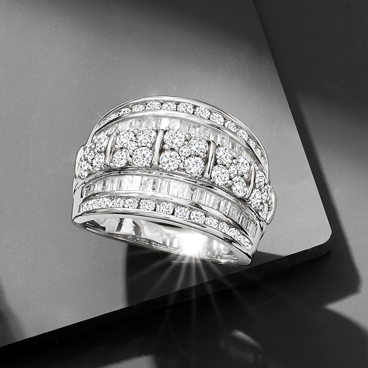 Ross-Simons 2.00 ct. t.w. Baguette and Round Diamond Multi-Row Ring in Sterling Silver. Size 8