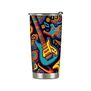 20oz Hippie Electric Guitar, Guitarist, Musician Gifts, Coffee Thermos for Men, Women, Stainless Steel Double Wall Vacuum Insulated Coffee Mug, Travel Cup with Lid