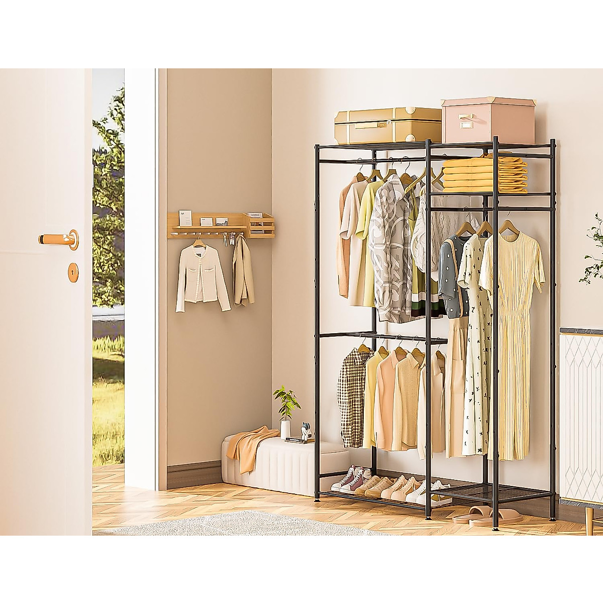 Portable Closets for Hanging Clothes, Freestanding Clothing Rack with 3 Hang Rods & 5 Shelves, Metal Wardrobe Garment Rack for Bedrooms Entrances