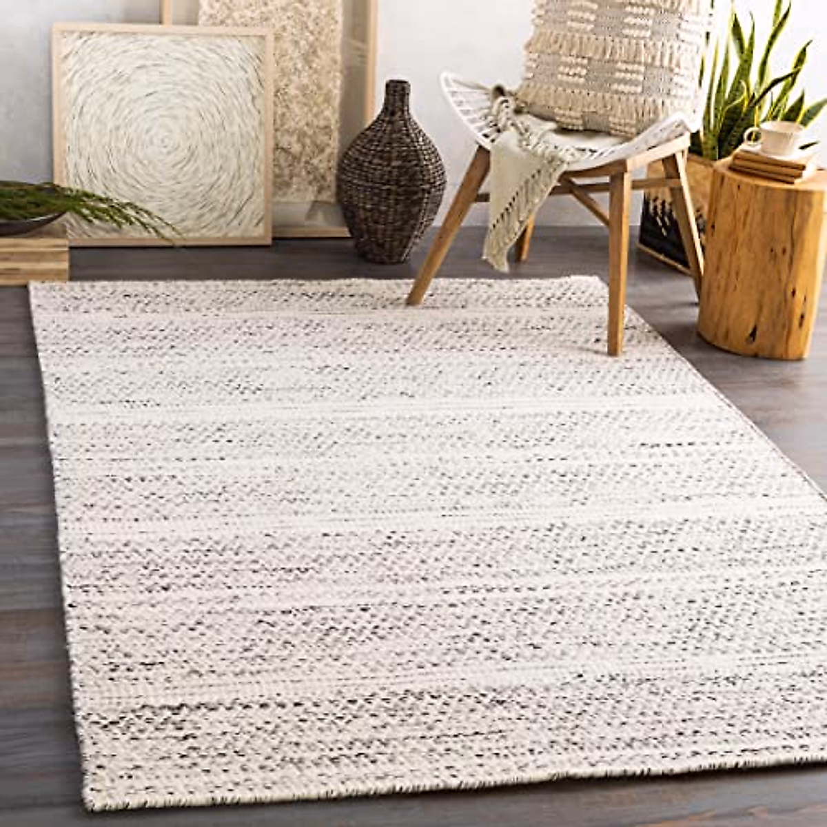 Wooly Natural Fiber Contemporary Living Room Bedroom Large Area Rug - Moroccan Farmhouse -0 Wool - Handmade Handwoven Carpet - Bohemian No Pile - Black, Cream, Beige - 10' x 14'