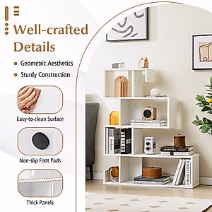 Tangkula S-Shaped Bookshelf, 5-Tier Modern Geometric Stepped Bookcase with Anti-Tipping Kits, Freestanding Corner Ladder Display Rack for Living Room Home Office (1, White)