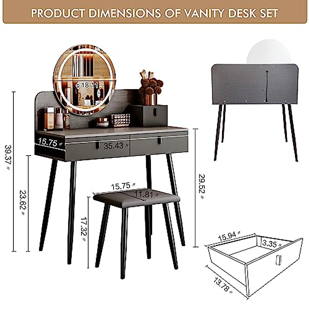 DOLILO 35" Vanity Desk with Mirror and Lights, Makeup Vanity with Lights, 3 Modes Brightness Adjustable, Vanity Mirror with Lights and Table Set with Vanity Stool 3 Sliding Drawers (Iron Grey)