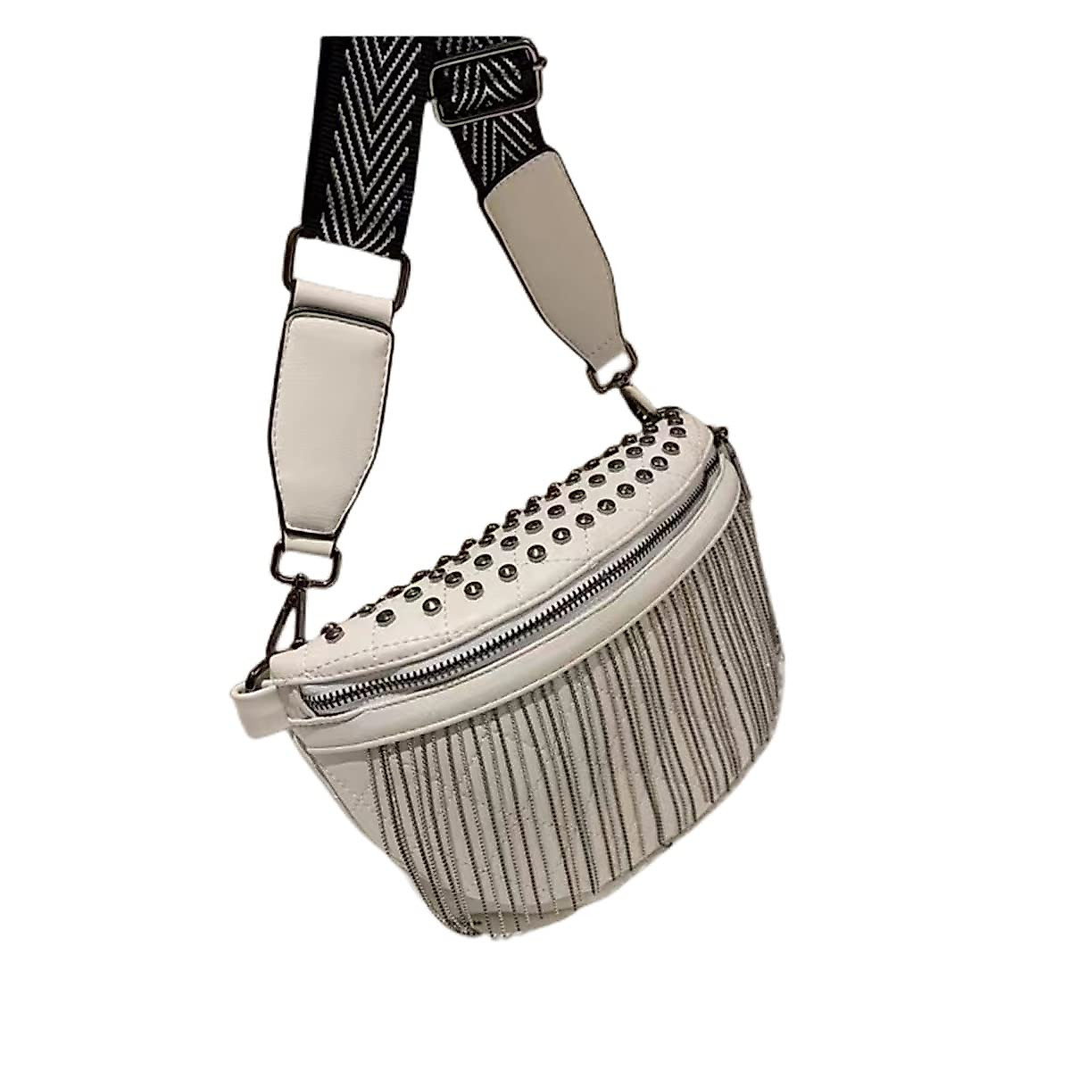 IAMUHI Women Vegan Leather Cross Chest Bag Rivets Fringed Shoulder Handbag Purse Waist Bag,White