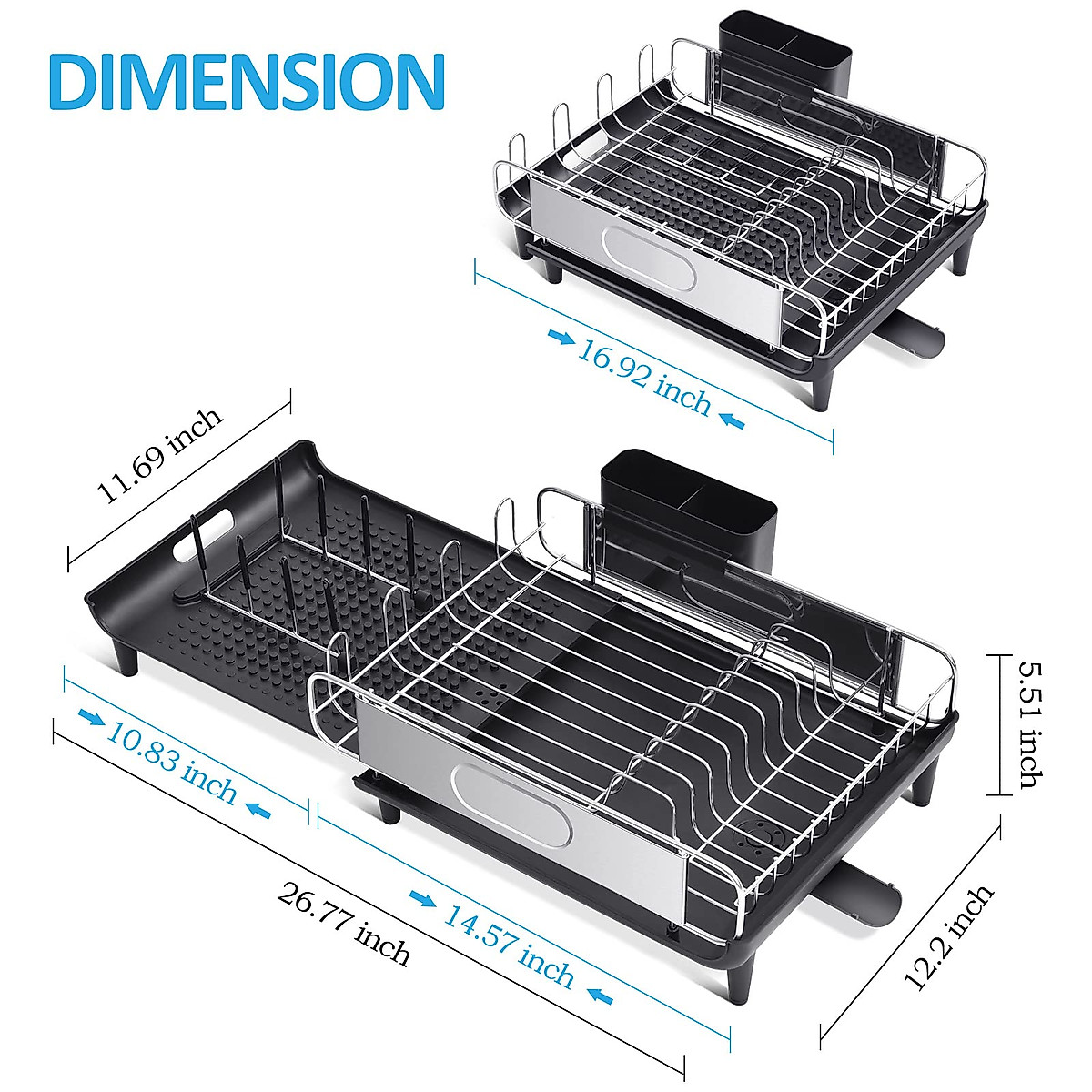 TOOLF Dish Drying Rack, Stainless Steel Dish Rack, Expandable(14.5"-25.3") Dish Drainer Rack and Utility Drainboard Set with Foldable Rack, Utensil Holder Cups Holder for Countertop, 1 Piece Black