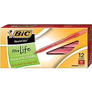 2 Pack of 12 BIC Round Stic Xtra Life Ball Pen, Red Medium Point (1.0 mm)