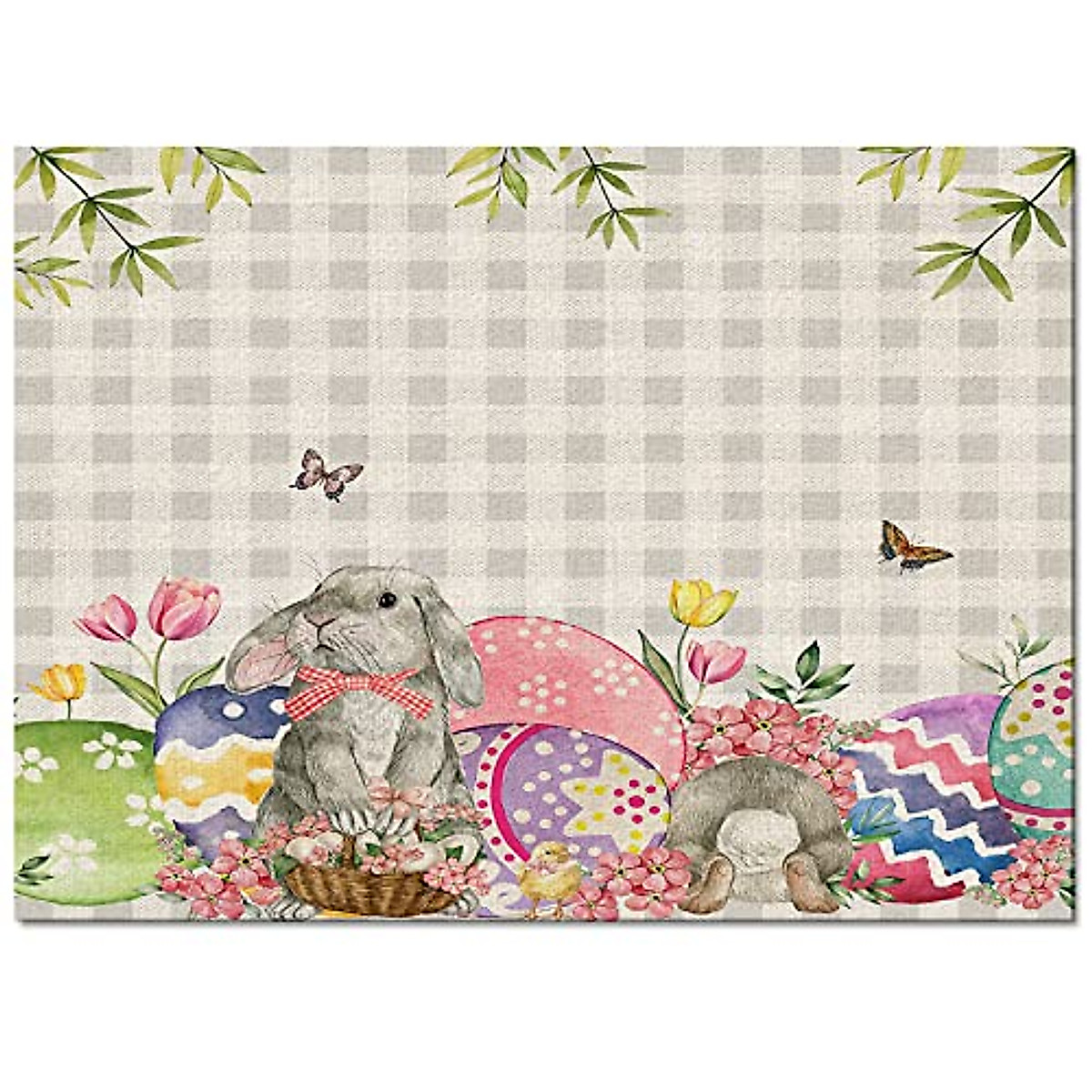 Easter Area Rugs for Living Room/Bedrooom, 2'x3' Area Rug Non-Slip, Cute Bunny Eggs Spring Floral Tulip Botanical Grey Plaid Kids Room Area Rug Washable Accent Floor Carpet Runner Indoor Outdoor