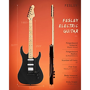 Fesley 39" Electric Guitar, Full Size Solid Body Electric Guitars For Beginner, ST Style, Maple Neck/Fretboard, Electric Guitar Kit With HSS Pickup, Gig Bag, Matte, Morandi Black