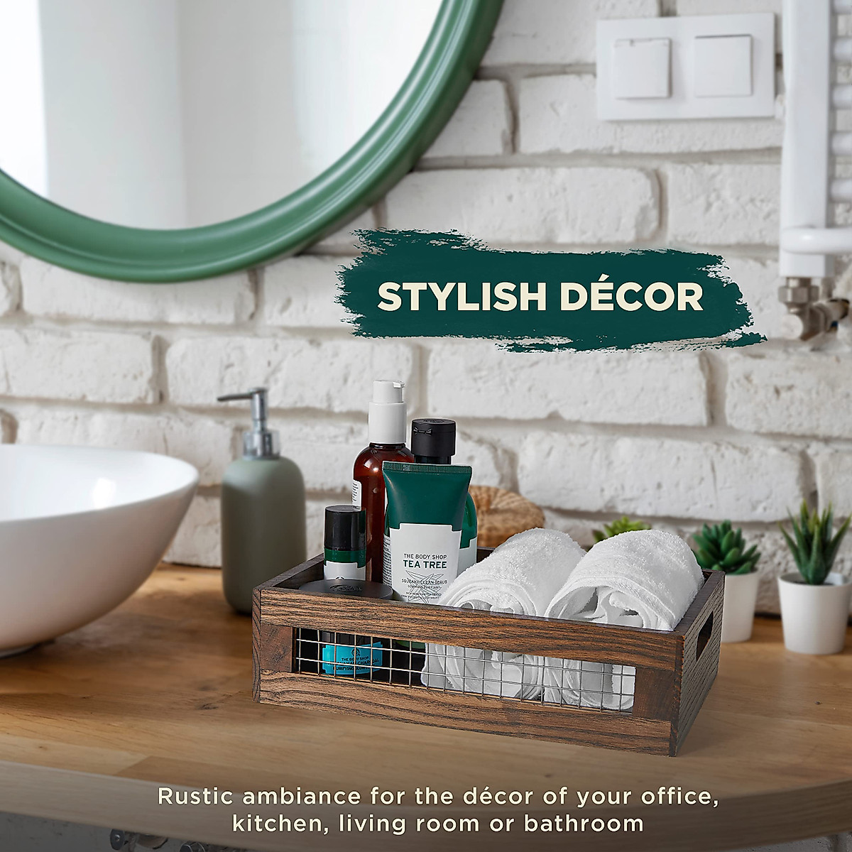 NAGAWOOD Wooden Nesting Countertop Baskets Set of 3 for Kitchen, Bathroom, Pantry|Wall Mount Upgrade with Full Accessories|Wooden storage organizer For Fruit, Vegetables, Produce, Bread|Wooden Crate with handles|Decorative Walnut Wood and Metal Wire