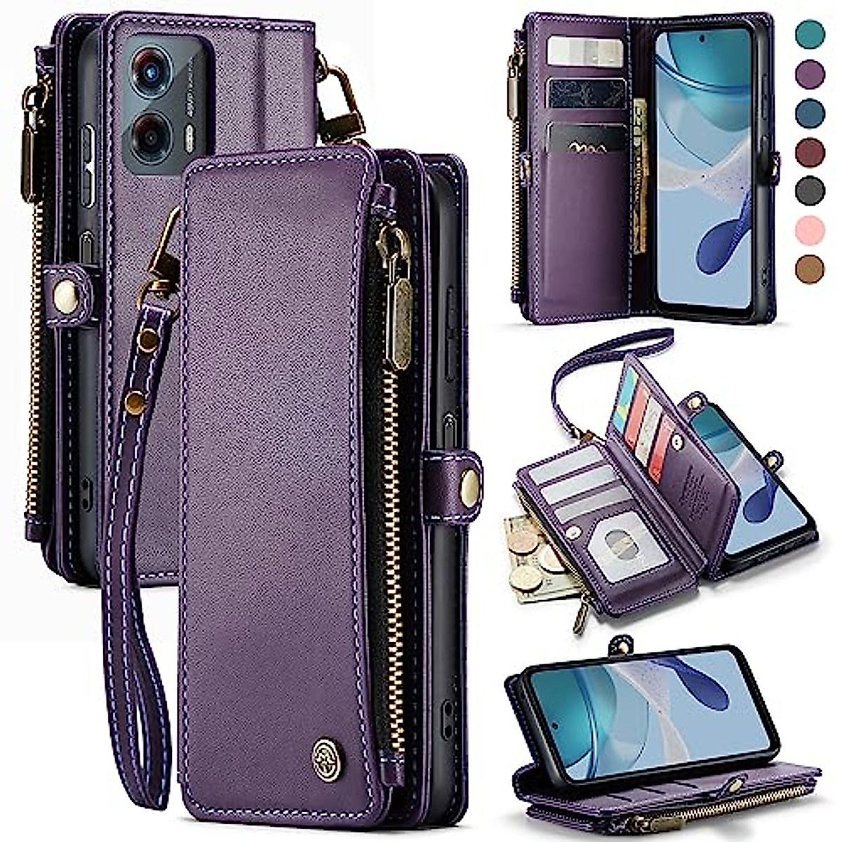Defencase for Moto G 5G Case 2023, RFID Blocking Motorola Moto G 5G 2023 Case Wallet for Women and Men, Fashion PU Leather Flip Wrist Strap Zipper Card Holder Phone Case for Moto G 5G 2023, Purple