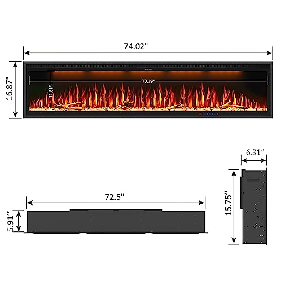 Benrocks 74'' Slim Electric Fireplace Inserts - WiFi-Enabled, Alexa & App Control, Recessed & Wall Mounted, 13 * 13 * 3 Flame Color Combinations, 750W/1500W, Black