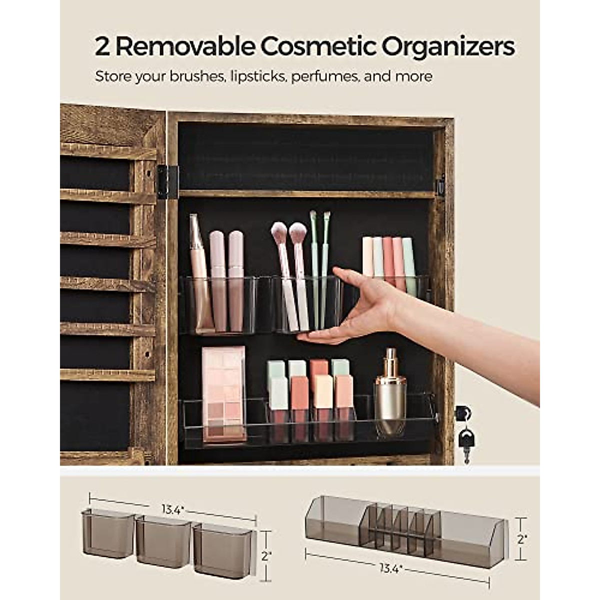 SONGMICS Jewelry Cabinet Armoire, Lockable Wall-Mounted Storage Organizer Unit with 2 Plastic Cosmetic Trays, Full-Length Frameless Mirror, Textured Brown UJJC001X01