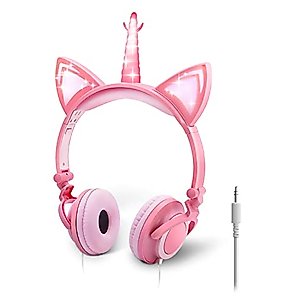 ONTA Unicorn Kids Headphones, Cat Ear LED Light Up Foldable Earphone Wired Over On Ear for Girls Boys,Kids Headband Toddler Tablet for School Supply/Travel/Holiday/Birthday/Cosplay Gifts(Peach)