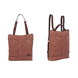 Small Convertible Totepack /Minimalist Slim Everyday Travel Daypack Women/ 14 Inch Laptop Backpack/ 8 Pocket College Bookbag/ Waterproof Lining/ Waxed Canvas & Leather/ Urbanist (Cinnamon Brown)