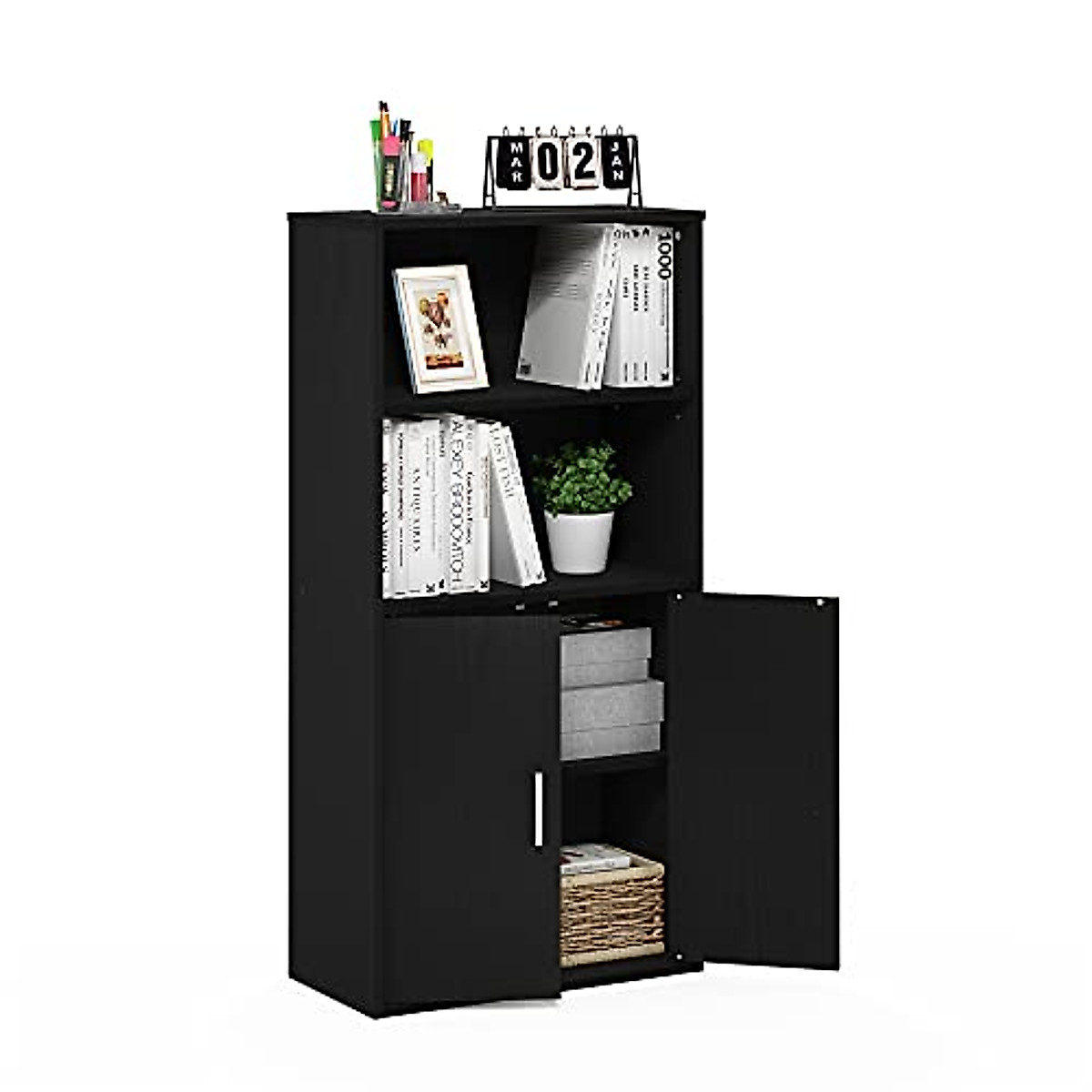 Furinno Pasir Storage Cabinet with 2 Open Shelves and 2 Doors, Black Oak