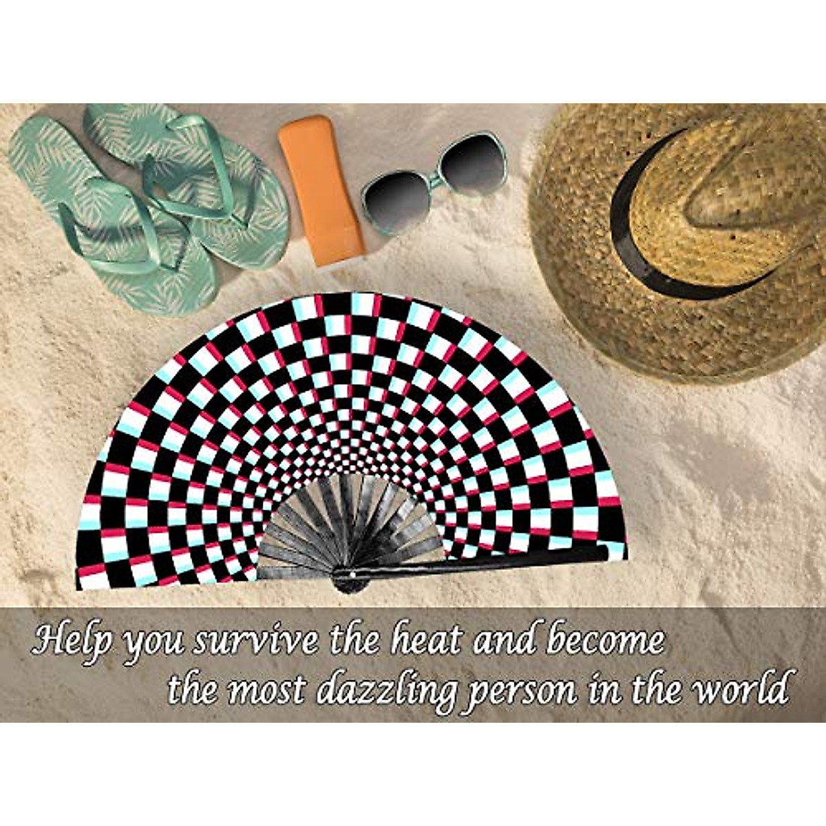 OMyTea Large Rave Clack Folding Hand Fan for Men/Women - Chinese Japanese Bamboo Handheld Fan - for EDM, Music Festival, Club, Event, Party, Dance, Performance, Decoration, Gift (Illusion Checkered)