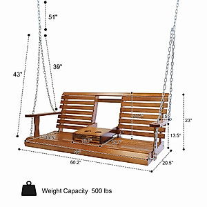 Outdoor Wooden Porch Swing, 2 Person Heavy Duty Hanging Patio Swing Bench for Garden, Backyard, Balcony, 500 Lb Weight Capacity, 5 ft Seat Width