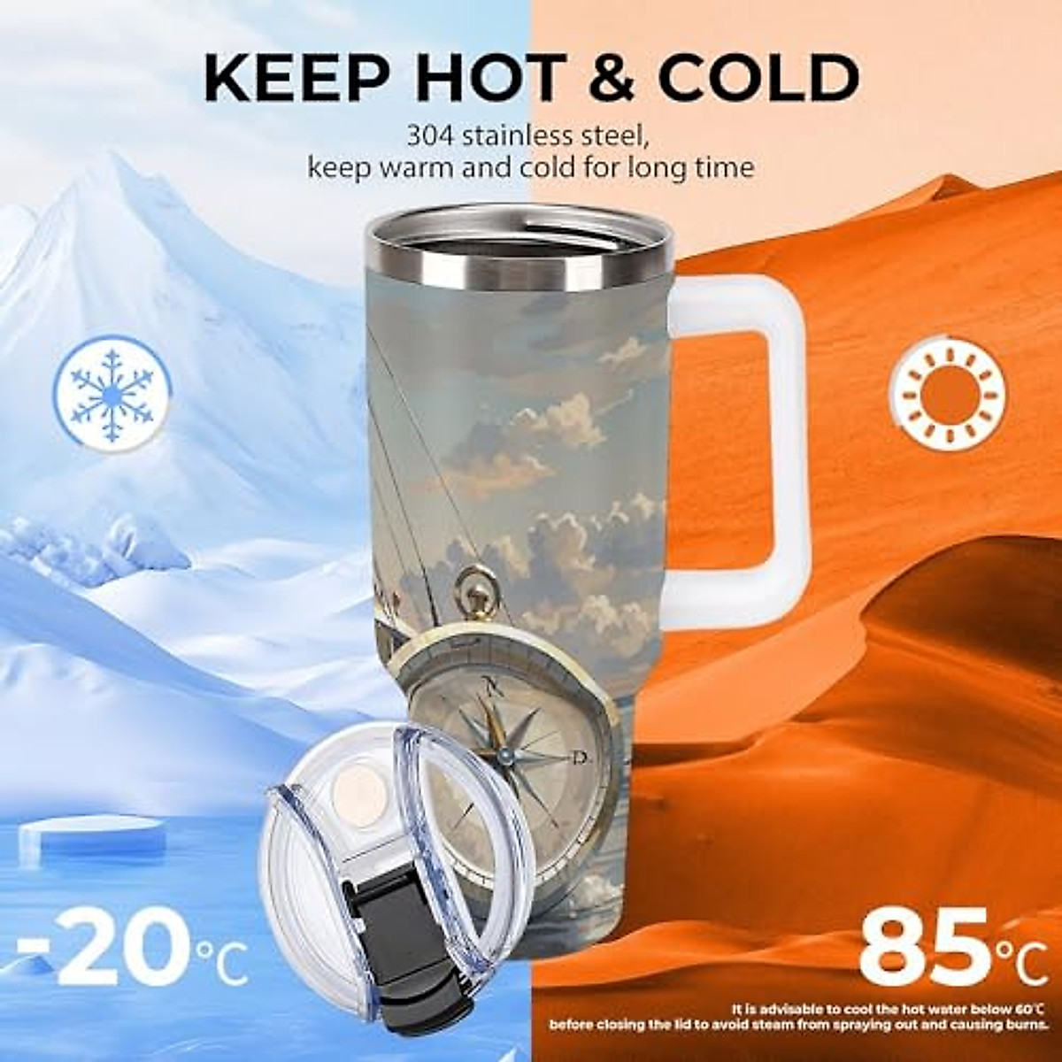 LLUTSNTH 40 Oz Vacuum Tumbler with White Handle Leakproof Insulated Tumbler Ship And Compass Stainless Steel Travel Mug with Lid And Straw Coffee Cup Cute Water Bottles Cup Holder Friendly