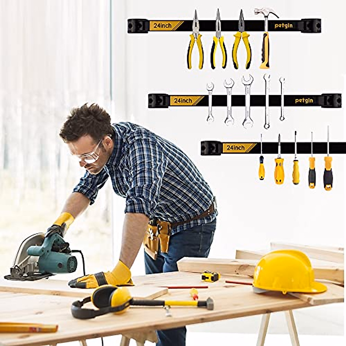 Petgin Magnetic Tool Holder 24 Inch 3 Pack Heavy Duty Magnet Tool Bar Strip Rack Wall Mount for Tool Box Organizers and Storage (With Buckle,Splicing Installation