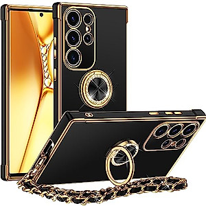 Miss Arts for Samsung Galaxy S23 Ultra Case, Ring Holder Stand Luxury Bling Electroplated Phone Case with Strap, Cute Soft TPU Samsung S23 Ultra Cover for Women Girls, Black