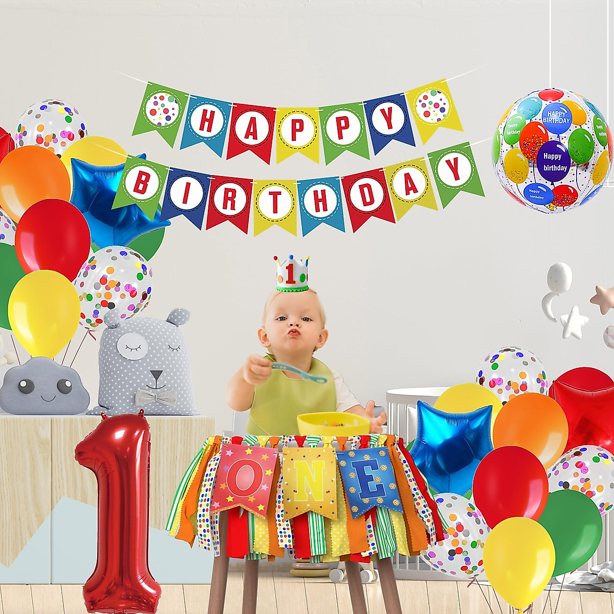 HYOWCHI Sesame Friends 1st Birthday Party Supplies - Sesame Theme First Birthday Decorations, Balloon arch, Highchair Banner, Crown, Banner, Topper, Cartoon Sesame One Year Old Birthday Supplies Decor