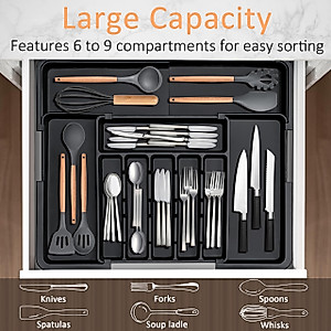 Spaclear Silverware Organizer Expandable Kitchen Utensil Drawer Organizer Large BPA Free Adjustable Cutlery Silverware Tray for Spoons Forks Knives Storage Divider for Kitchen Flatware 6-9 Slots Black