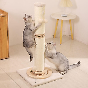 OTOB 33" Tall Cat Scratching Post, 4.3Inch Large Diameter Natural Sisal Rope Scratcher Post, 5-in-1 Interactive Turntable Cat Scratch Post with Soft Hanging Ball Toys for Indoor Large Cats
