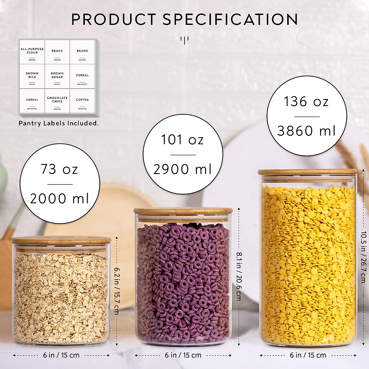 Laramaid 73oz 2Pack Glass Jar Canisters with Minimalist Labels, Round Pantry Jars with Bamboo Lids, Vinyl Customized Labels and White Pen, Food Storage Containers for Home, Kitchen and Pantry