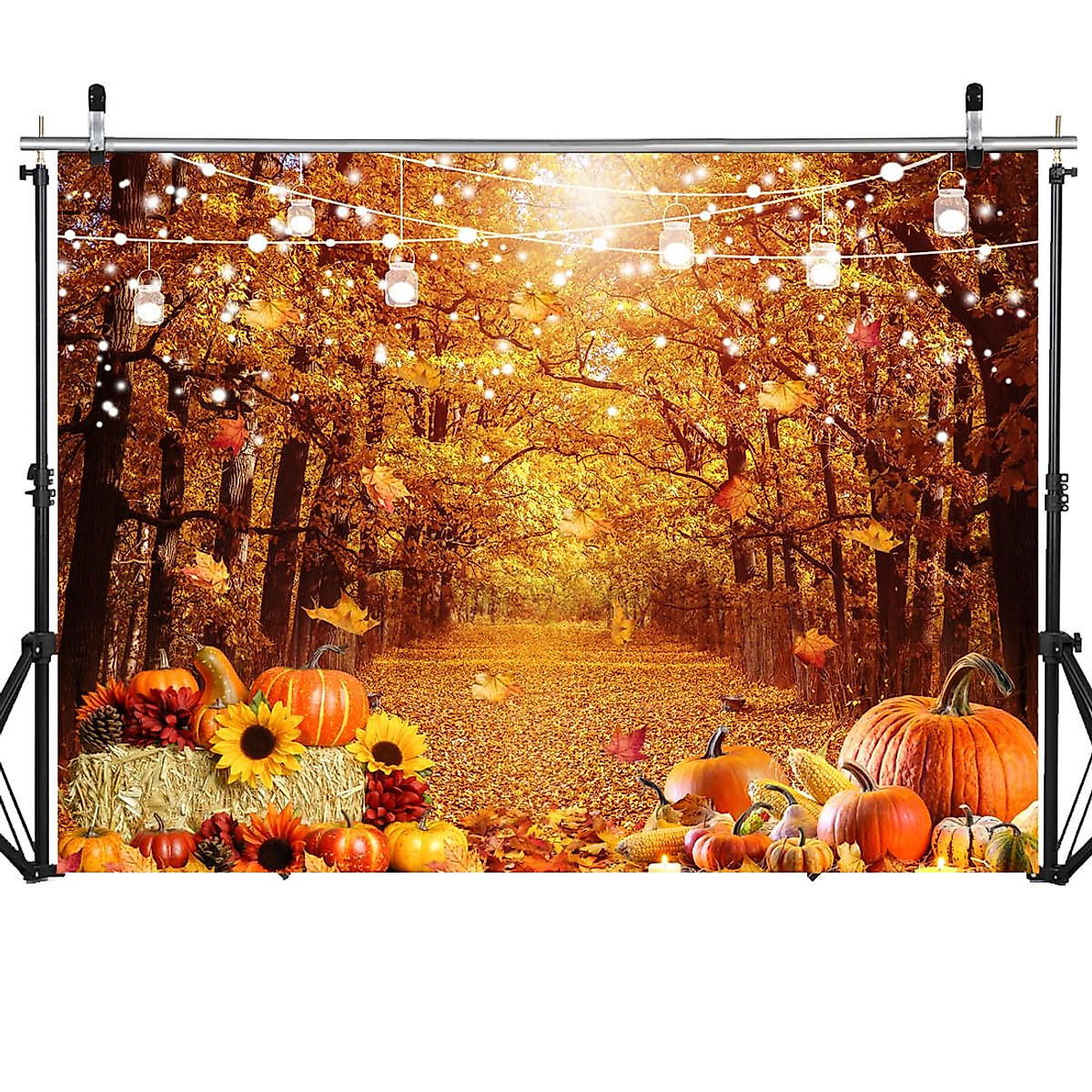 SJOLOON Fall Photo Backdrop Golden Fallen Leaves Autumn Backdrop Pumpkin Thanksgiving Background for Party Decoration Photoshoot 12591 (7x5FT)