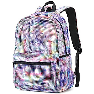 LEDAOU Mesh Backpack for Kids Girls Semi-Transparent Mesh School Backpack Bookbag Lightweight Casual Daypacks for Beach Gym Travel (Tie Dye Purple)