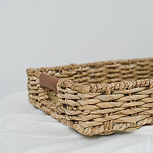 Large Decorative Rattan Woven Serving Tray + Leather Handles 20''x12’,Rectangle Wicker Centerpiece,Boho Kitchen + Home Decor Basket,Coffee Table Organizer,Summit Living,All Occasions Tan