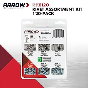 Arrow RK6120 Pop Rivet Assortment Kit for Metal, Fabric, Leather, and Auto Repair, Aluminum and Steel, 1/8-Inch, 120-Pack