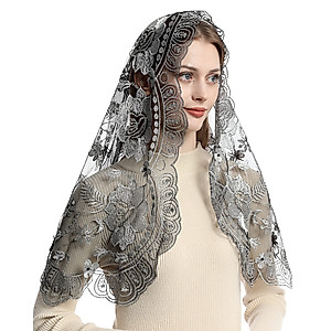 Bozidol Catholic Chapel Mantilla Veil Floral Embroidery Spanish Lace Scarf Church Mass Veil for Women (Sliver Black)