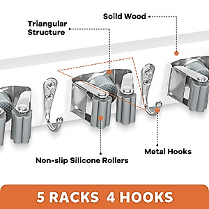 IMILLET Broom Holder Wall Mount, Wood Broom Holder with 5 Racks and 4 Hooks Broom Organizer, Laundry Room Organization and Storage, Mop Hanger for Home Organization, Garden, Garage, Closet (White)