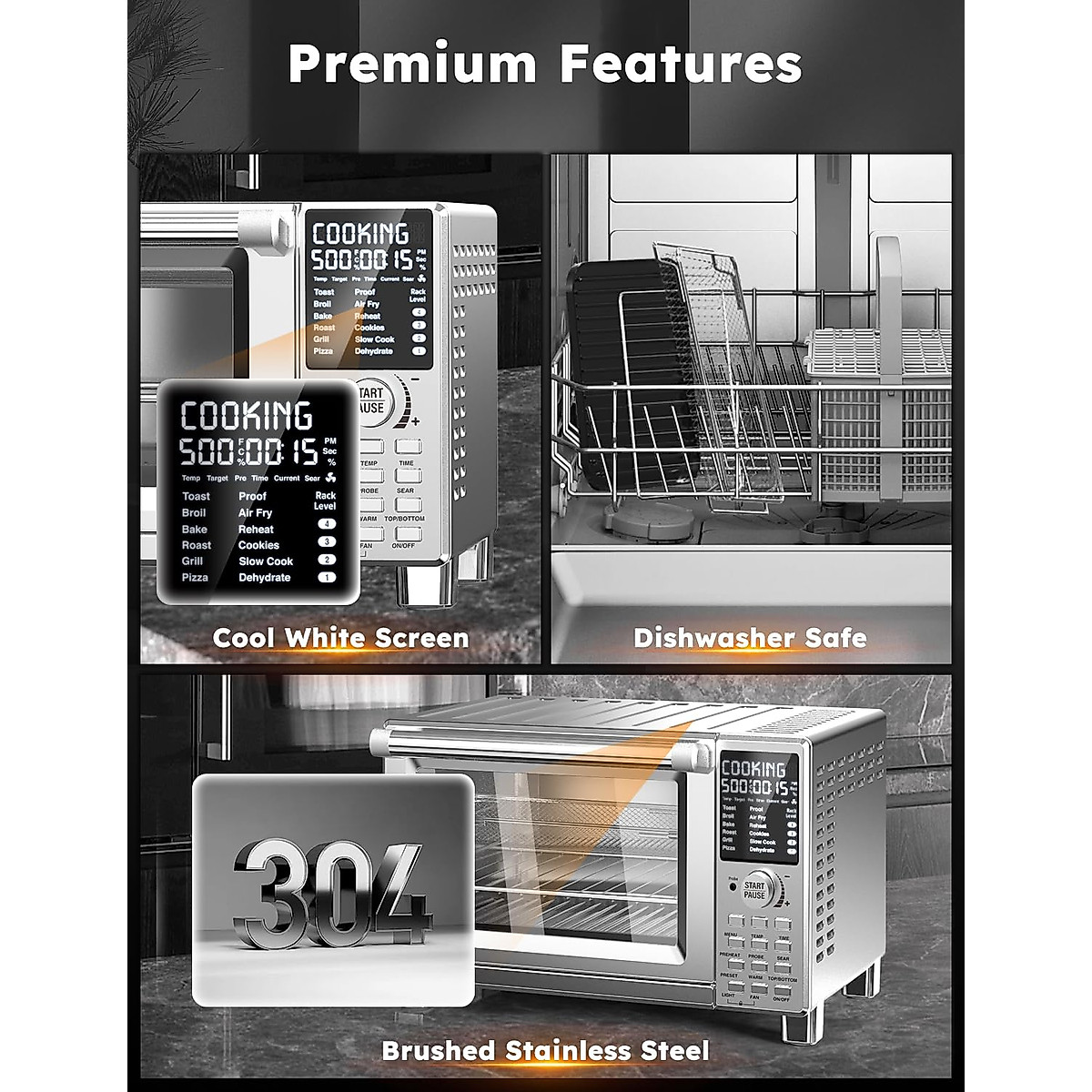 Nuwave Bravo XL Pro Air Fryer Toaster Oven with Grill Combo, 2024 New Ultra-Fast Convection System, 35% Crispier, 2X More Even, 142 Presets, 50-500F, Smarter Probe, PFAS Free, 30QT, Stainless Steel