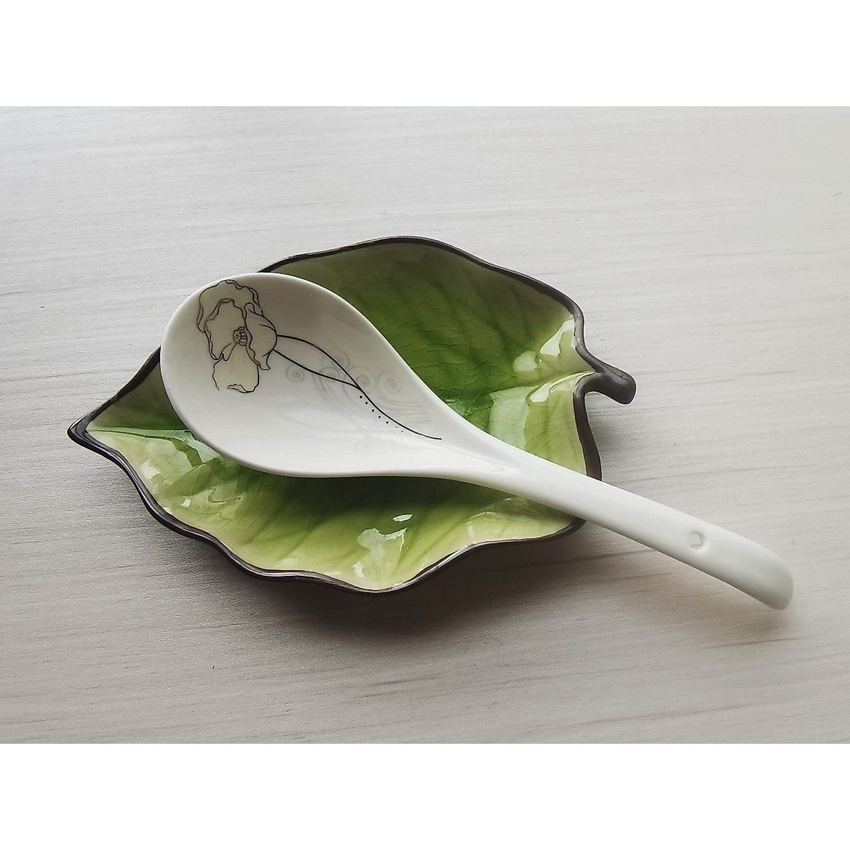 Ceramic Spoon Rest Cooking Spoon Holder for Kitchen Counter/Stove Top/Dining Table with Cute Spoon, Leaf Shaped, Modern Farmhouse Decorative, 7.5x5.1 inch