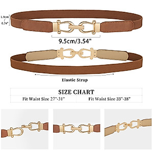 JASGOOD Women Skinny Elastic Belt for Dresses,Thin Retro Stretch Waist Belt with Golden Buckle 2 Pack,Black+Brown,Fit waist size 33-40 inch